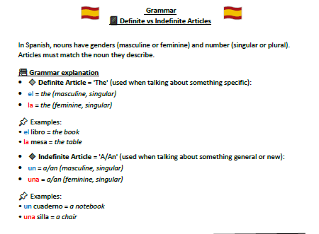 Spanish Grammar – Definite vs Indefinite Articles | KS3 Worksheet ...