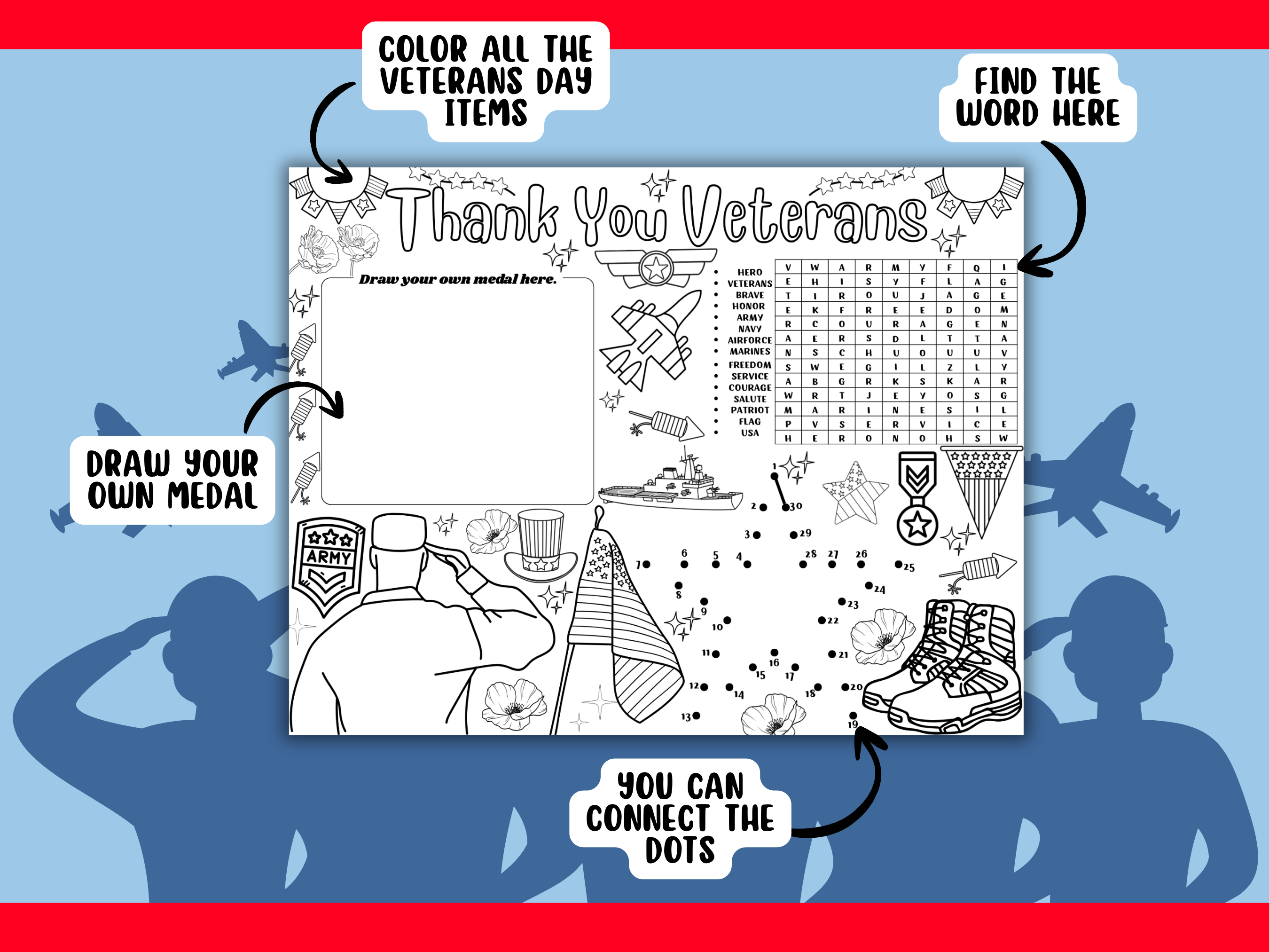 Veteran's Day Printable Activity Placemat Pages-For Grades K-3rd ...