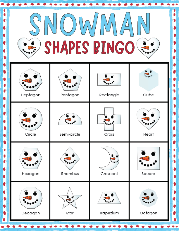 Fun Winter 2D Shapes Snowman Bingo Game Holiday Seasonal Math Center ...