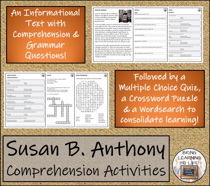 Susan B. Anthony Reading Comprehension Activities | Year 3 or Year 4 ...