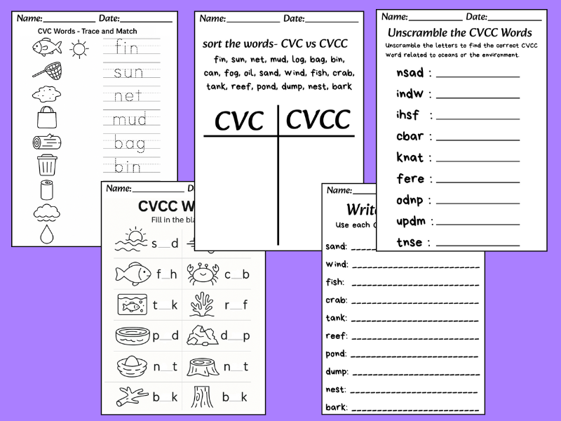 CVC and CVCC Words Worksheets - World Oceans Day & World Environment ...