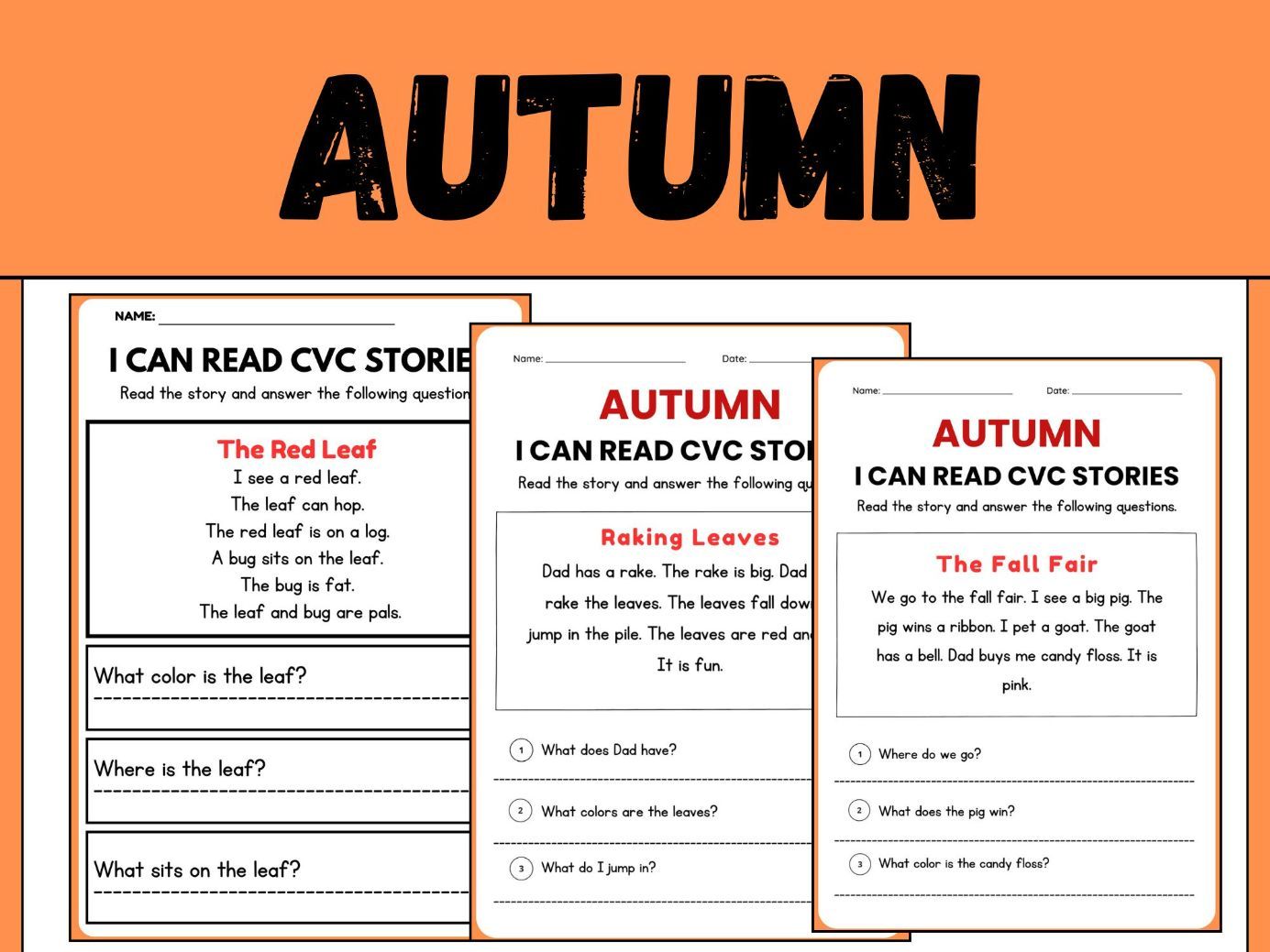 Fall CVC Decodable Short Stories worksheets with Questions Bundle ...