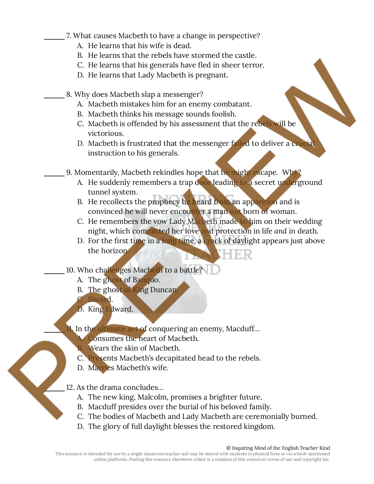 Macbeth Act 5 Quiz and Answer Key | Teaching Resources