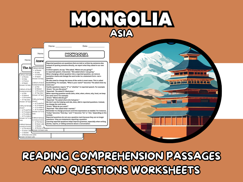 Mongolia - Asia Reading Comprehension Passages & Questions Worksheets ...