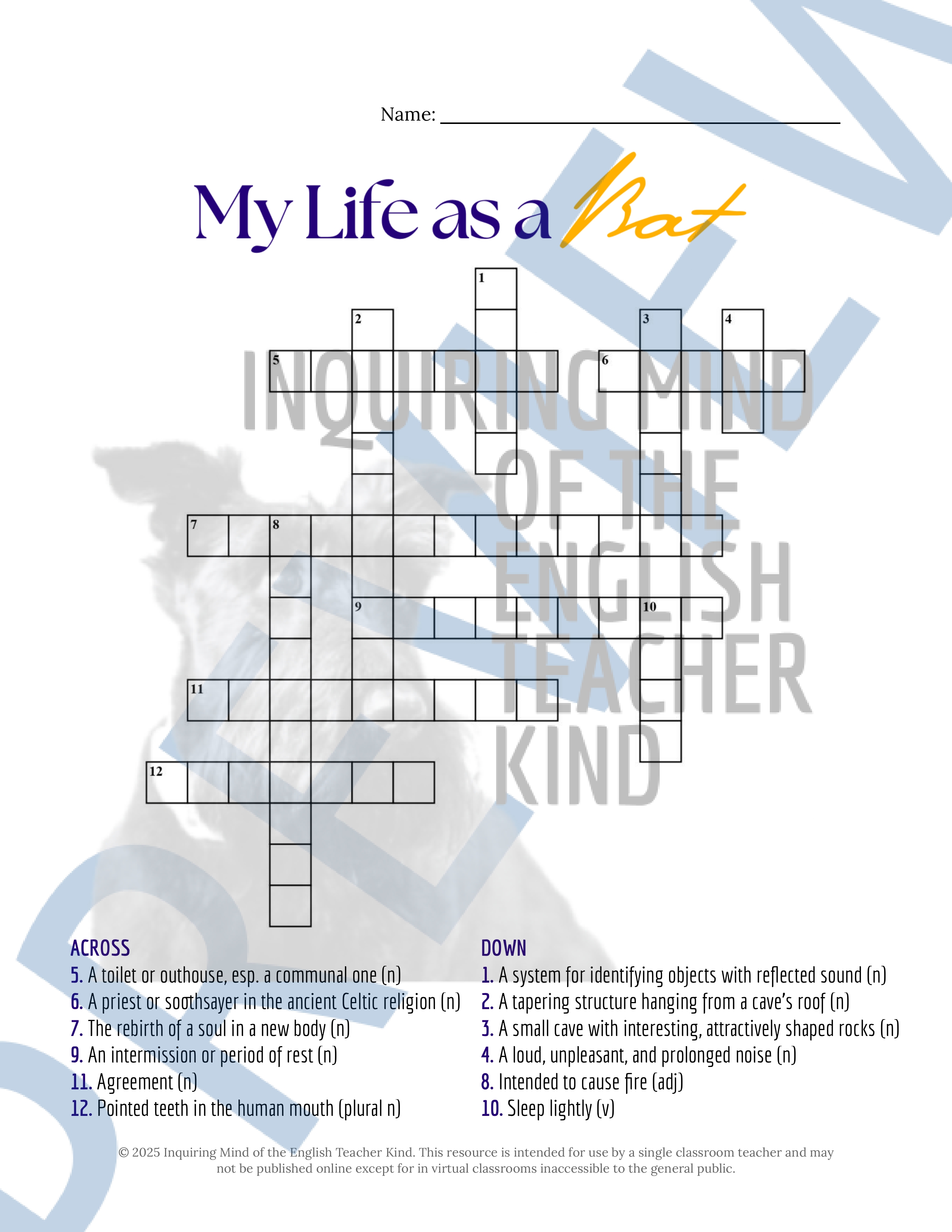 "My Life as a Bat" by Margaret Atwood Vocabulary Games | Crossword ...