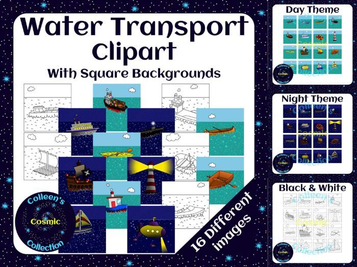 Water Transport Clipart with Square Backgrounds | Teaching Resources