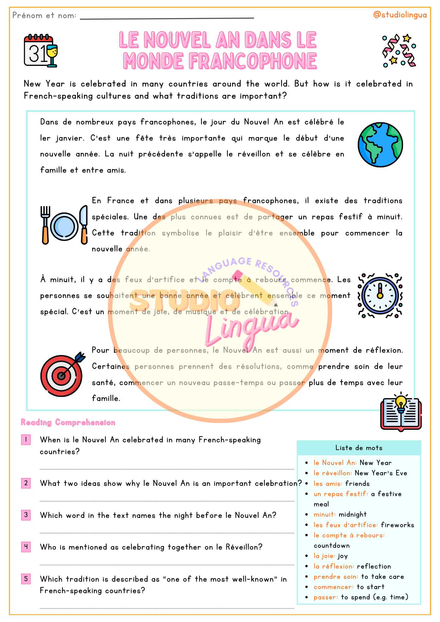 French New Year Reading Comprehension | Nouvel An | KS3 MFL / CfE BGE ...
