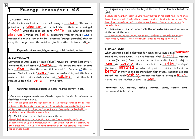 Year 7 Energy L6 - Conduction and convection (Worksheet) | Teaching ...