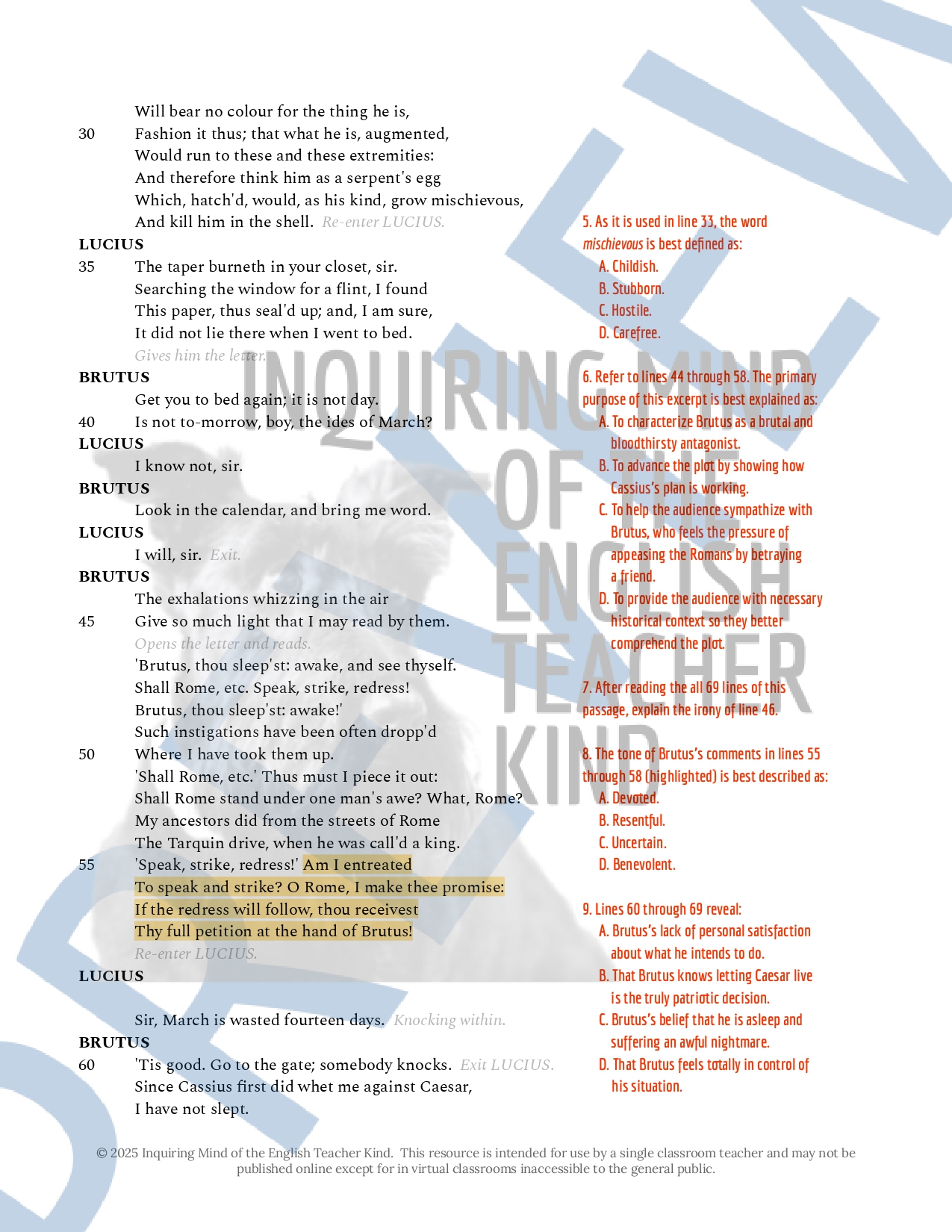 Julius Caesar Act 2 Scene 1 Close Reading Analysis Worksheet and Answer ...