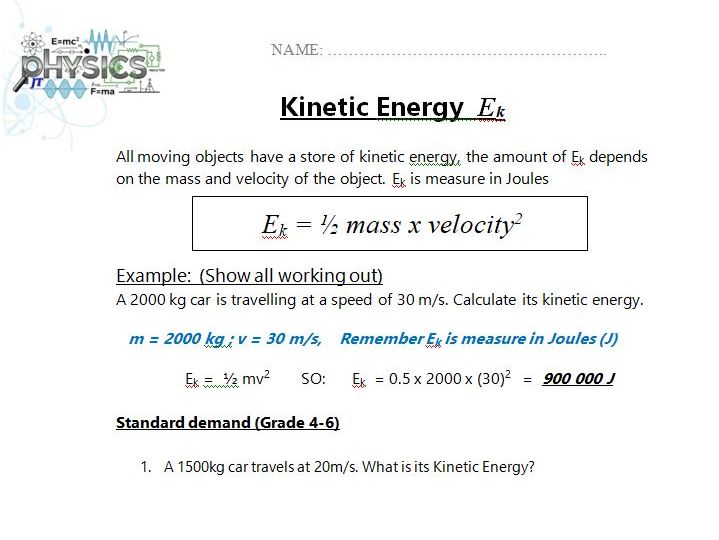 Kinetic Energy Calculations Practice | Teaching Resources