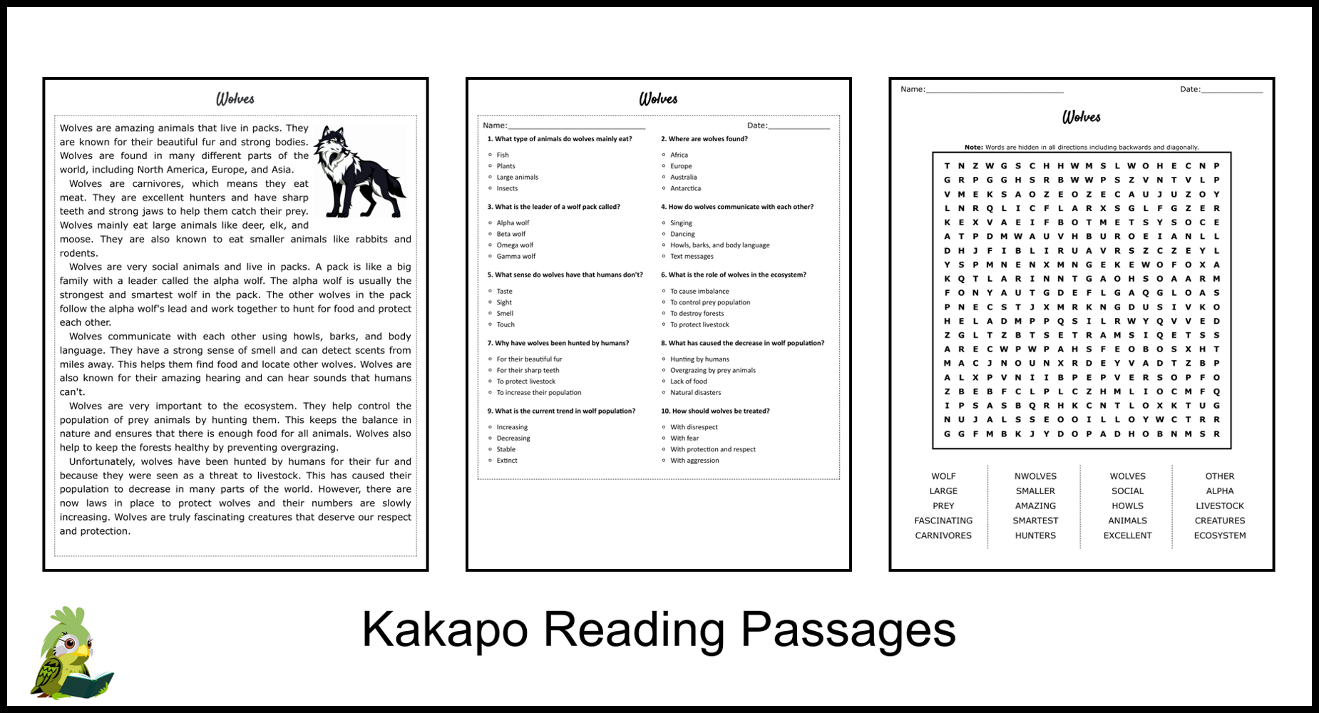Wolves Reading Comprehension and Word Search | Teaching Resources
