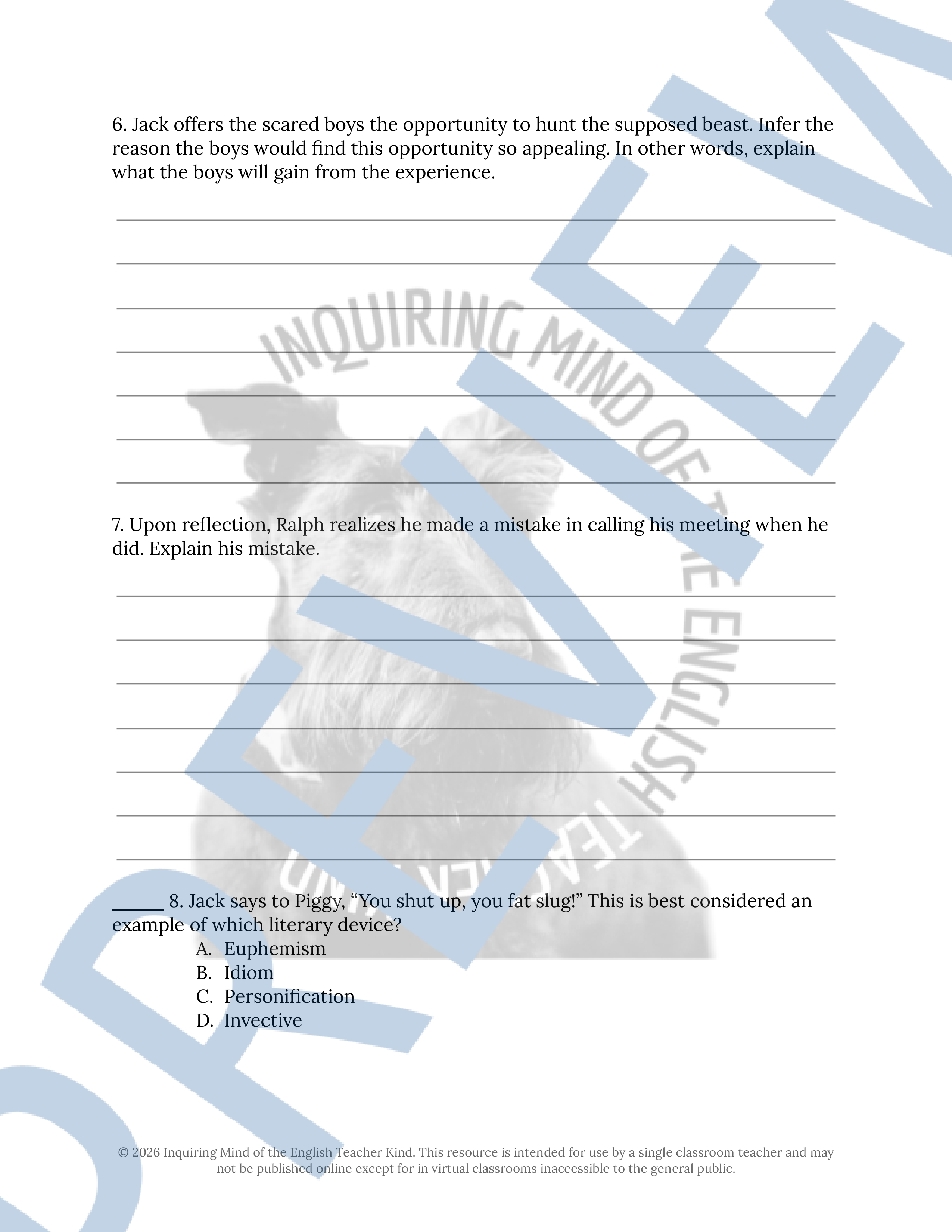 Lord of the Flies Chapter 5 Close Reading Analysis Worksheet | Teaching ...