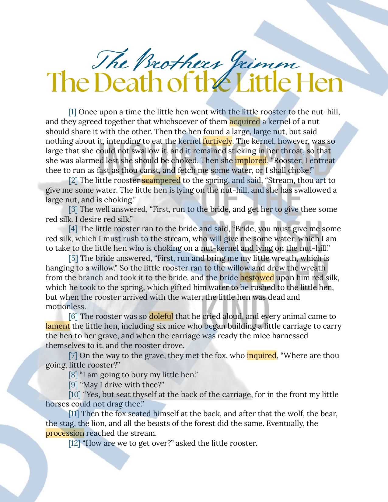 "The Death of the Little Hen" Close Reading Analysis Worksheet (Grimm's ...