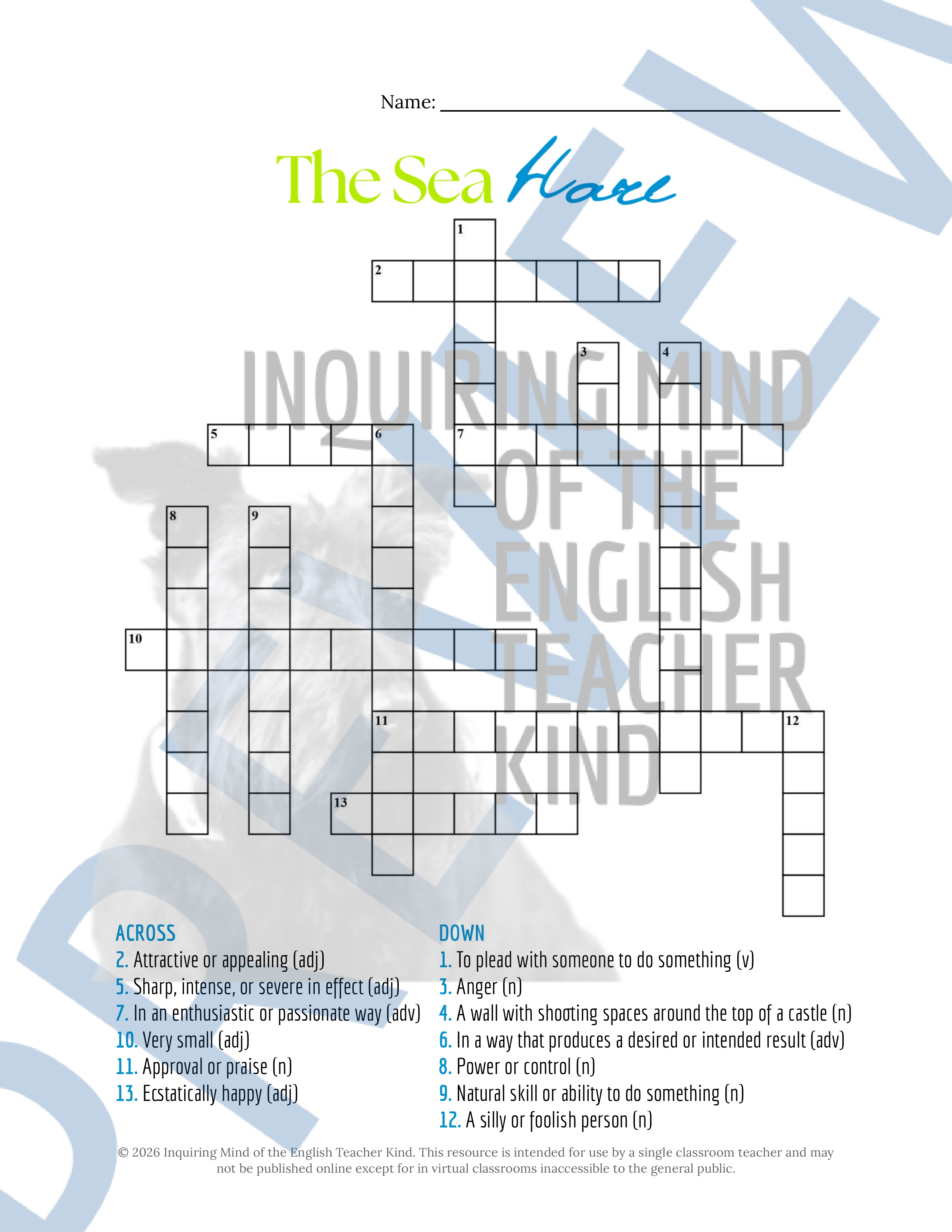 "The Sea Hare" Vocabulary Activities | Grimm's Fairy Tale | Crossword ...
