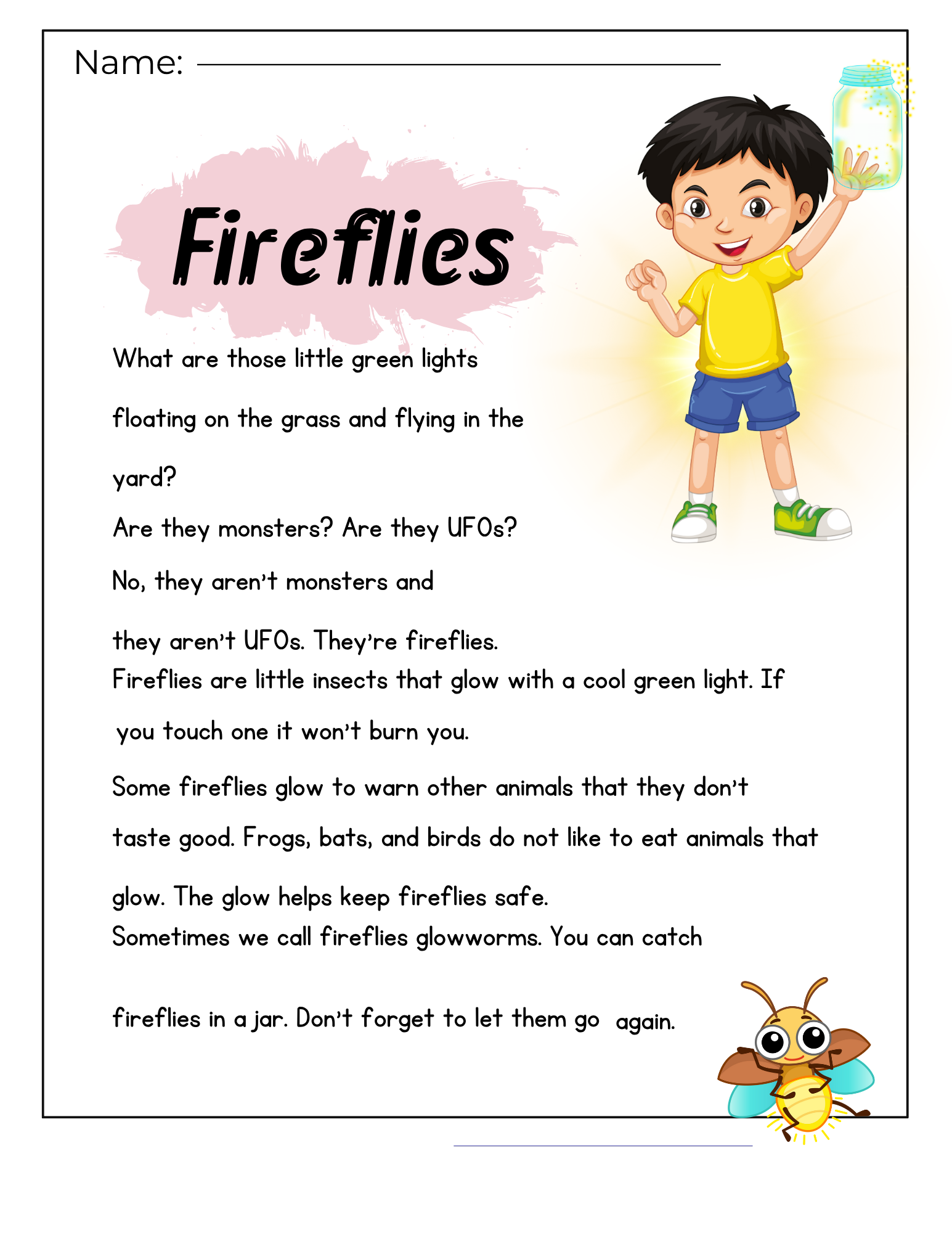 Fireflies 1st Grade Reading Comprehension Passages & Questions ...