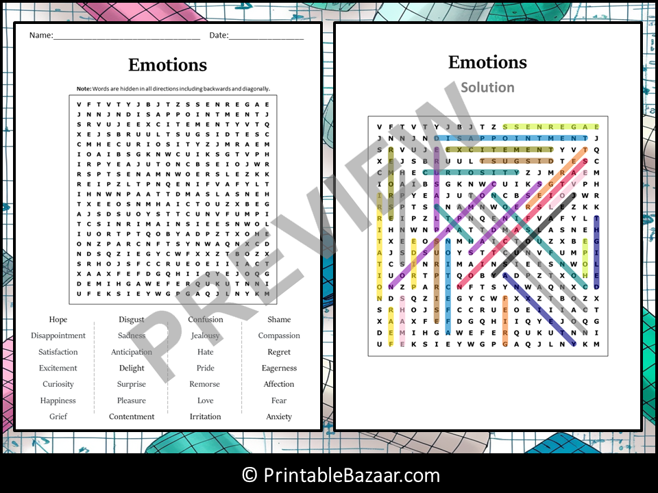 Emotions Word Search Puzzle Worksheet Activity | Teaching Resources