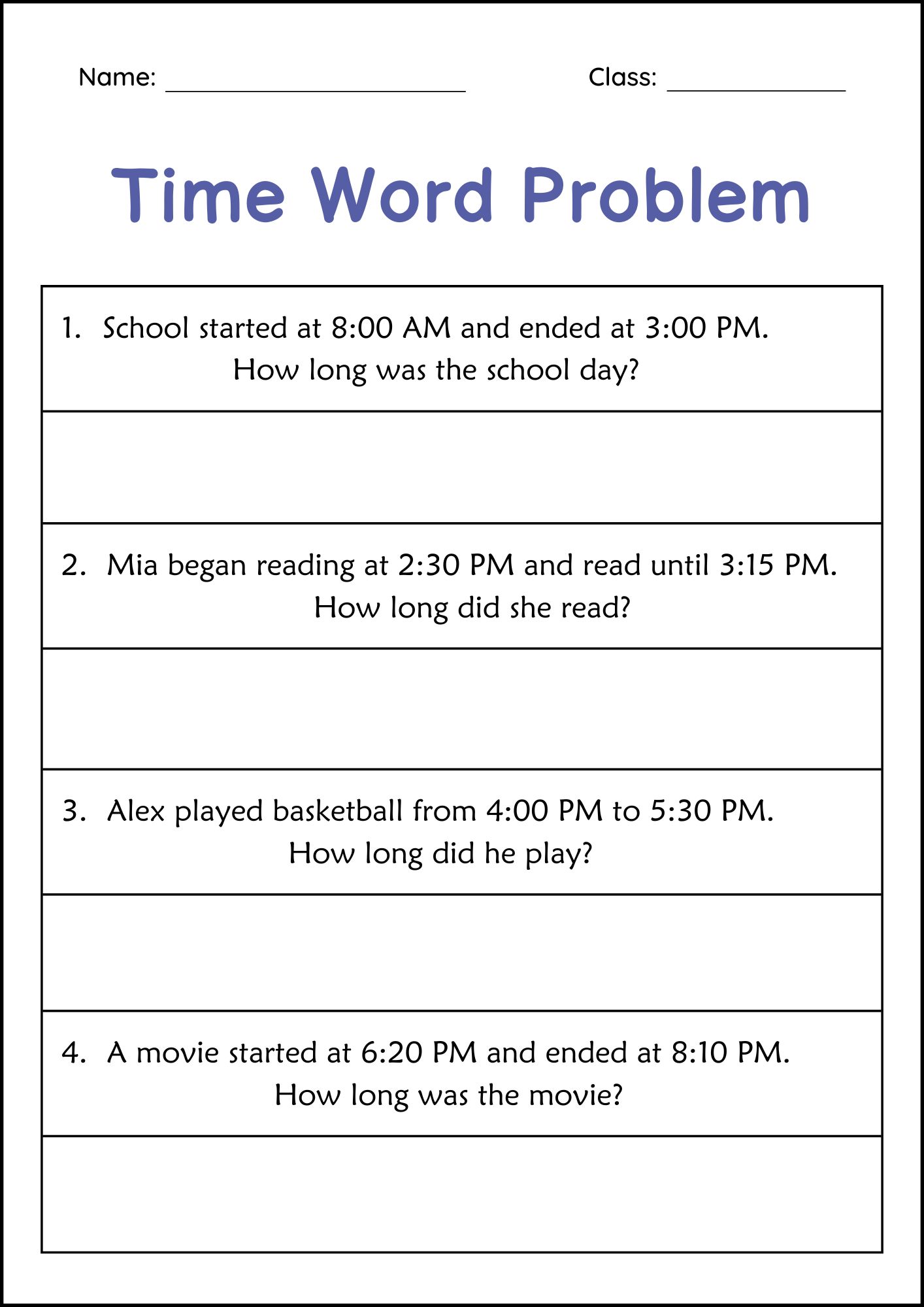 Printable Elapsed Time Word Problem to the Hour Worksheets for Grade 1 ...