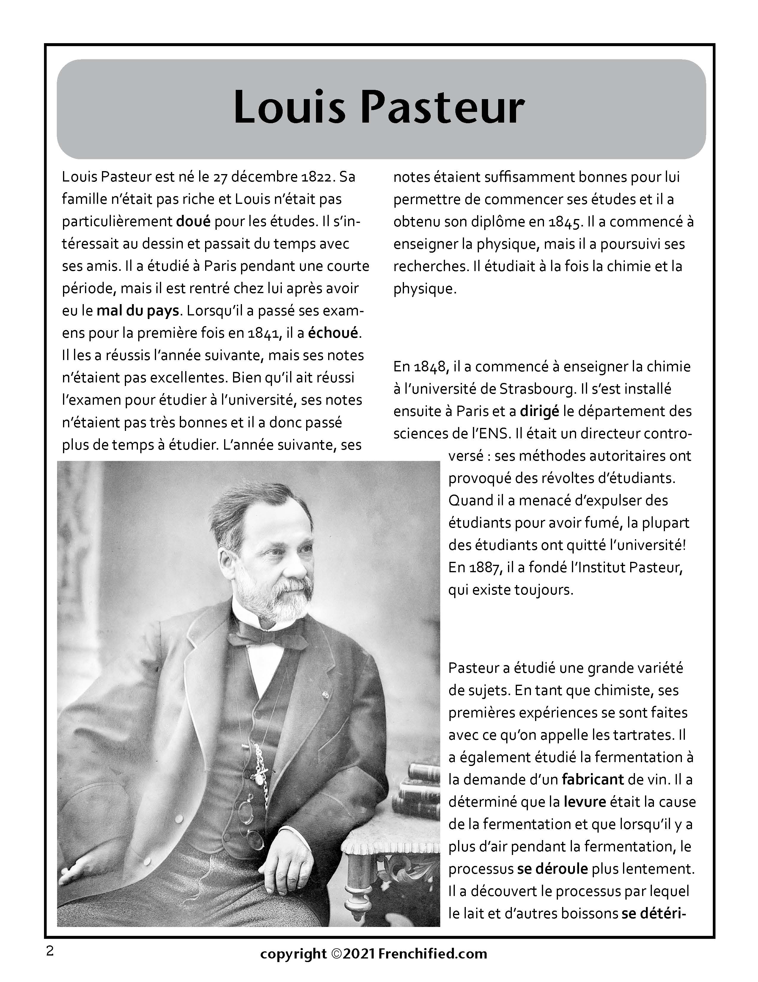 Louis Pasteur French reading activity | Teaching Resources