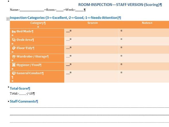 Room Inspection Scoring / Tick / Student Sheet | Teaching Resources