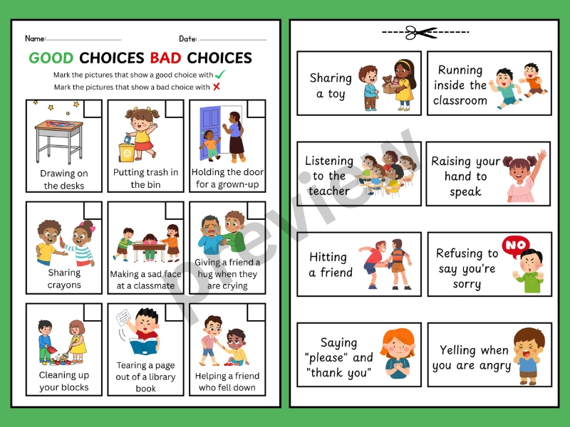 Good Choices & Bad Choices Worksheet No Prep | Teaching Resources