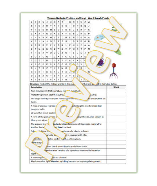Viruses, Bacteria, Protists, and Fungi - Word Search Puzzle Activity ...