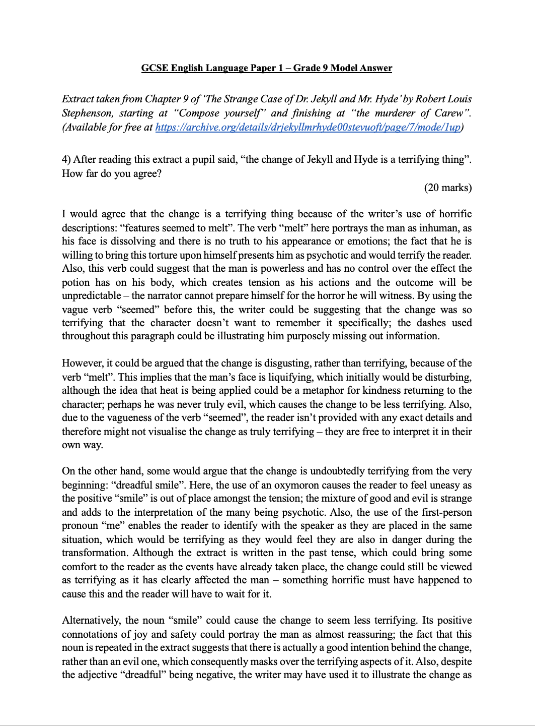 GSCE English Language Paper 1 Grade 9 Answer To Q4 Teaching Resources