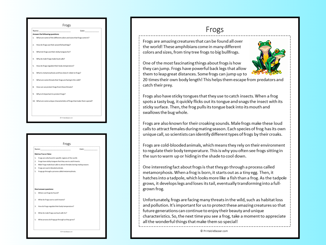 Frogs Reading Comprehension Passage Printable Worksheet | Teaching ...