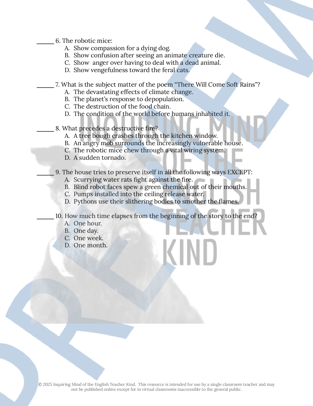 "There Will Come Soft Rains" by Ray Bradbury Quiz and Answer Key ...