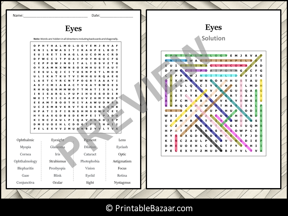 Eyes Word Search Puzzle Worksheet Activity | Teaching Resources