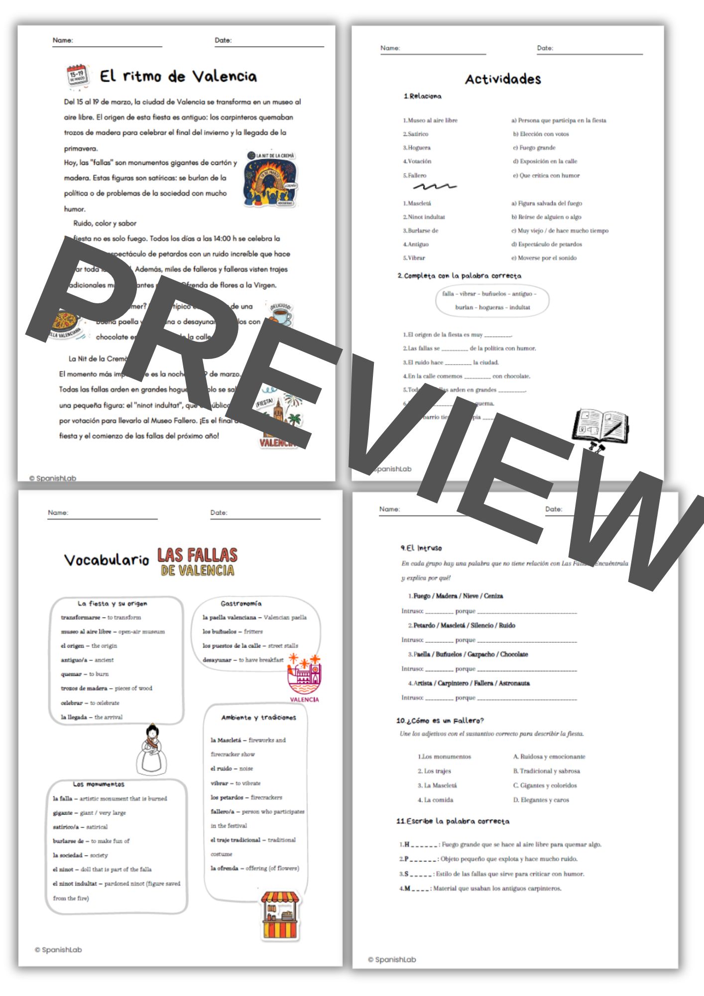 Las Fallas de Valencia Culture Activity Spanish Reading & Past Tense ...