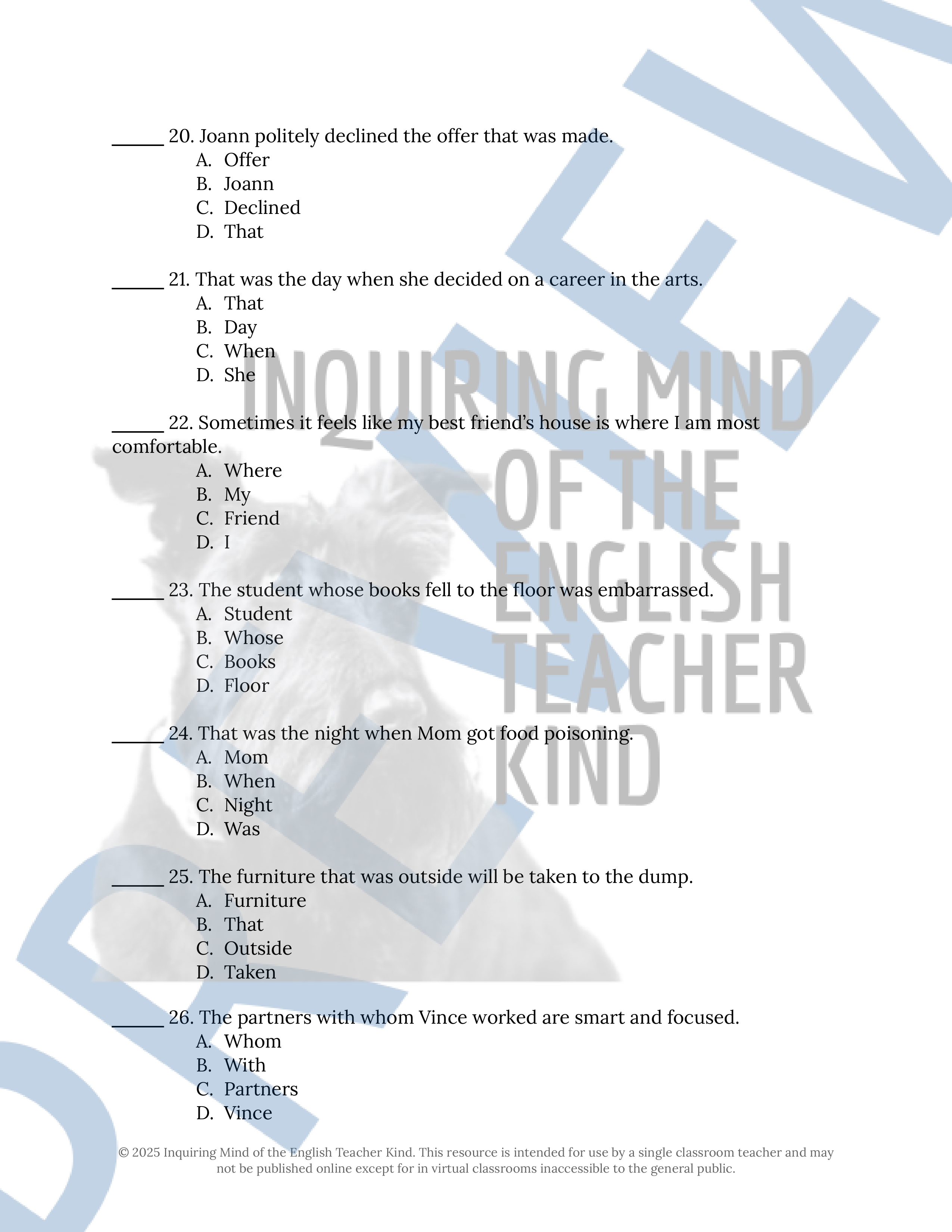 Grammar Practice Worksheet on Subordinate Clauses with Answer Key ...