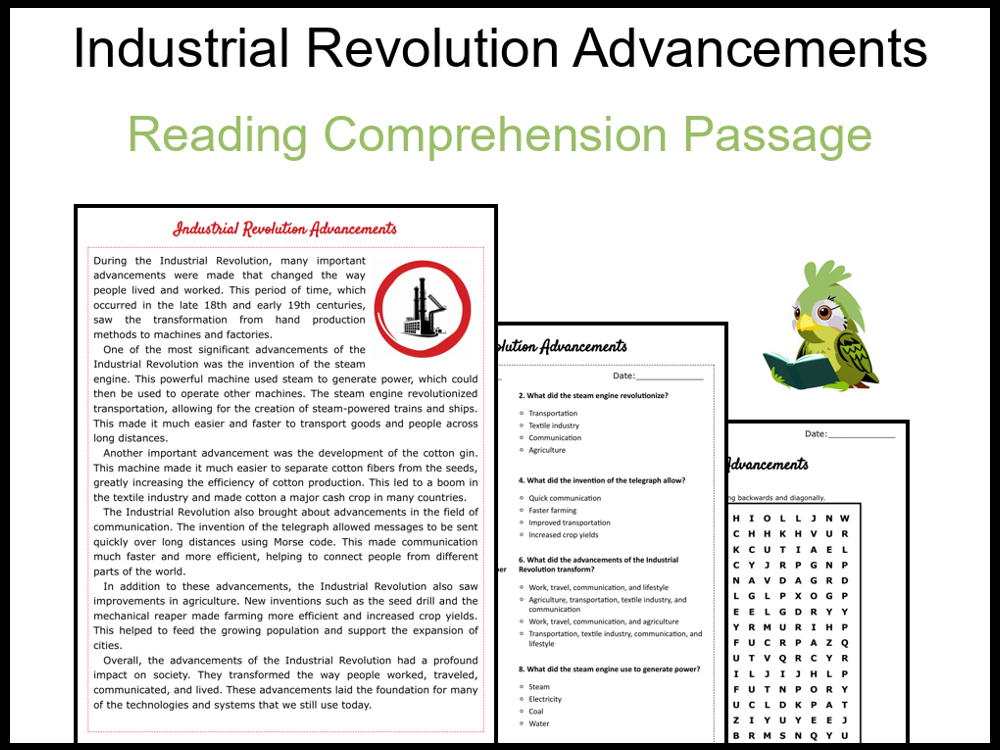 Industrial Revolution Advancements Reading Comprehension and Word ...
