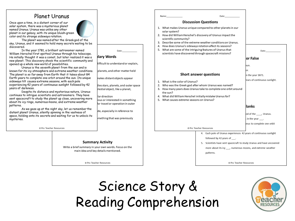 Planet Uranus Reading Science Story Comprehension Questions Worksheet ...