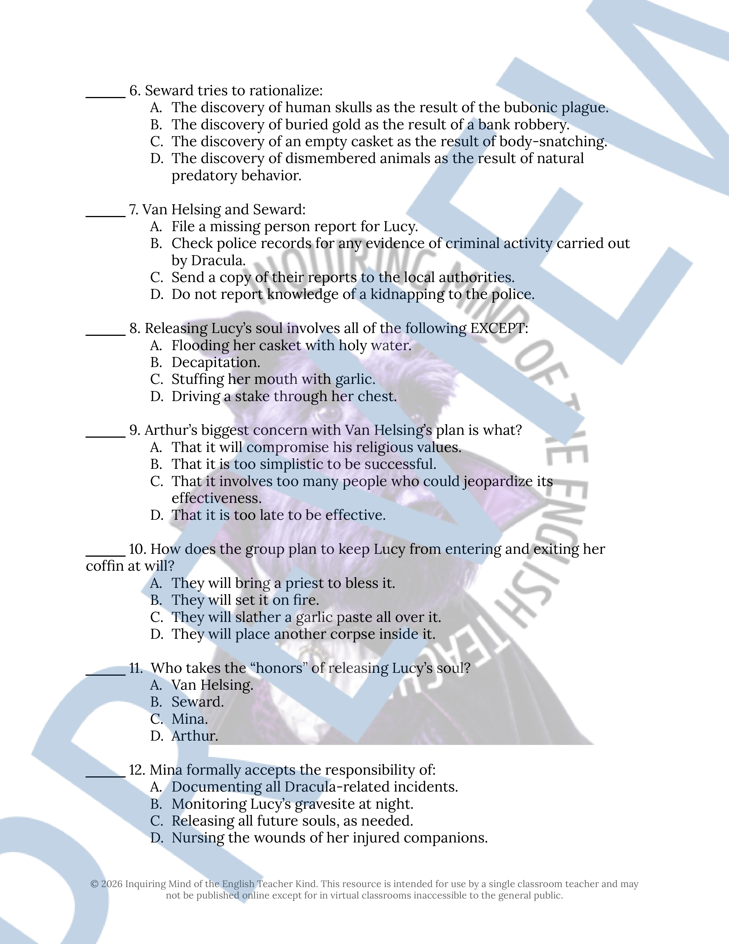 Dracula by Bram Stoker Chapters 14, 15, 16, and 17 Quiz and Answer Key ...