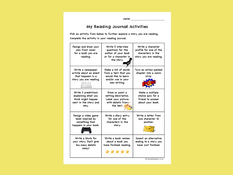 Reading Journal Activities Worksheet Teaching Resources