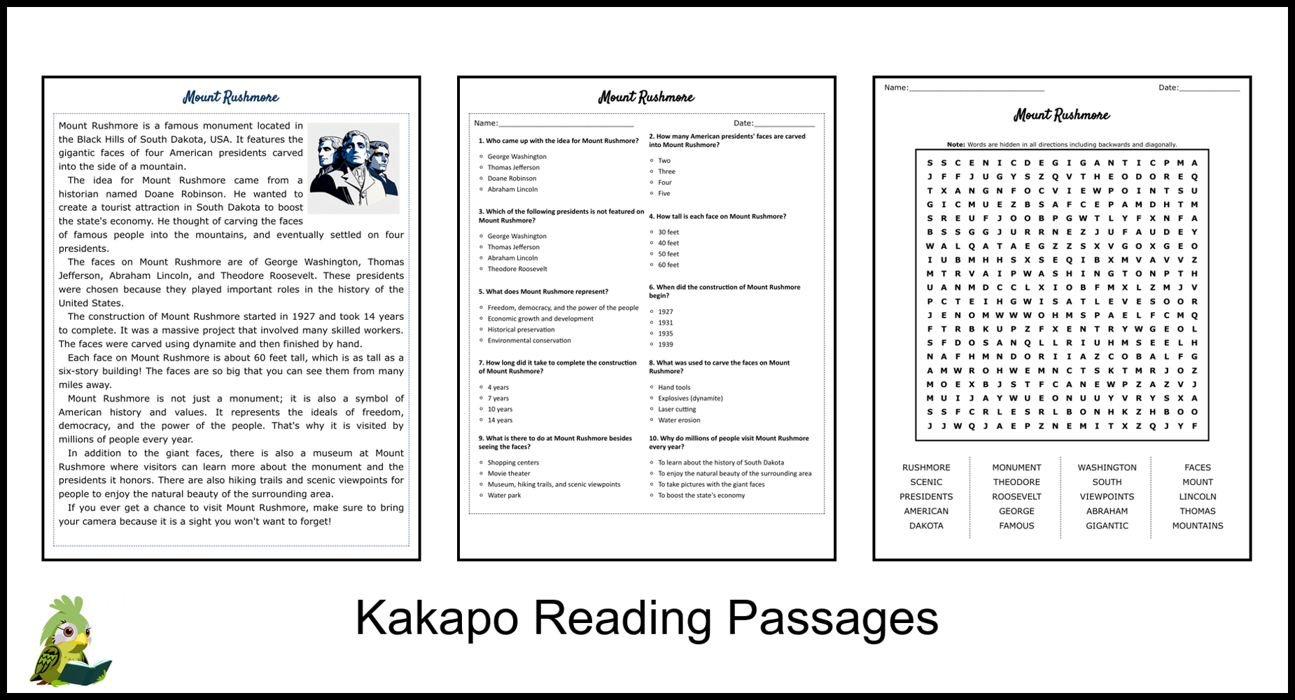 Mount Rushmore Reading Comprehension and Word Search | Teaching Resources