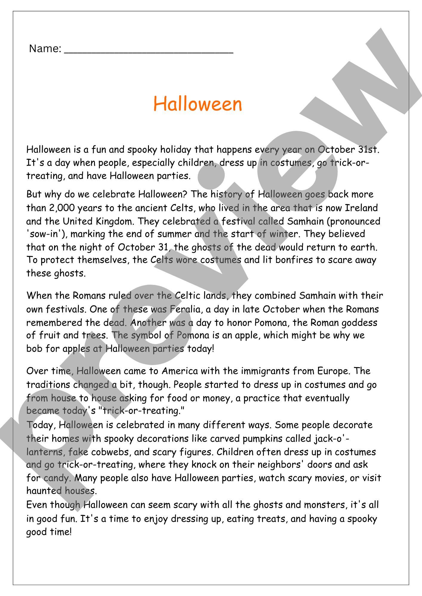 Halloween Reading Comprehension Worksheet - History & Traditions ...