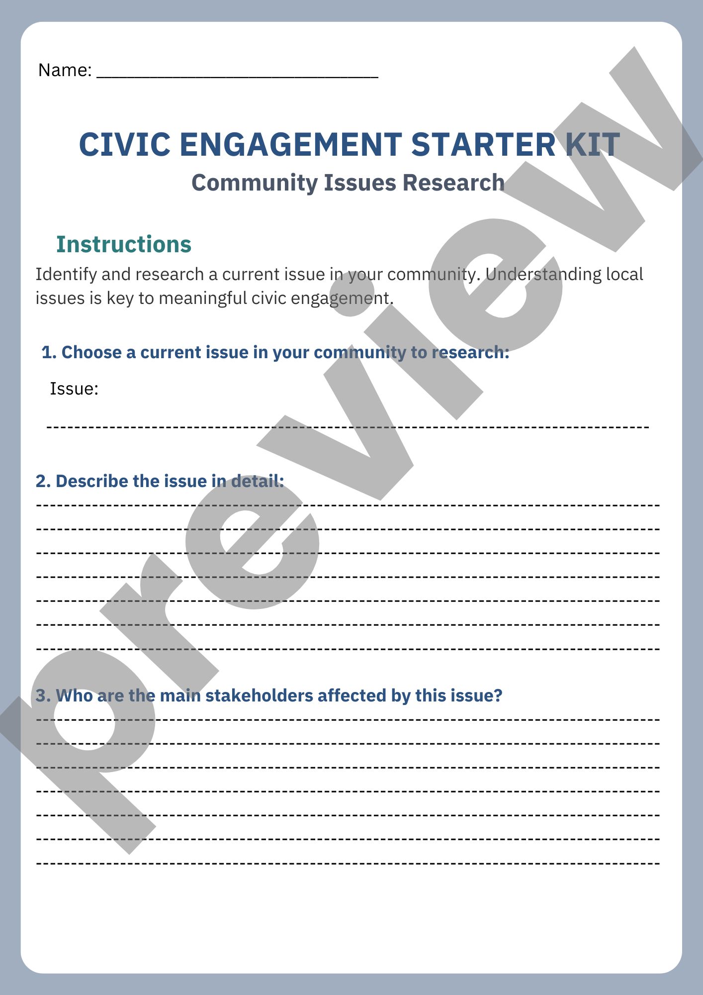 Community Issues Research Worksheet | High School Civic Engagement ...