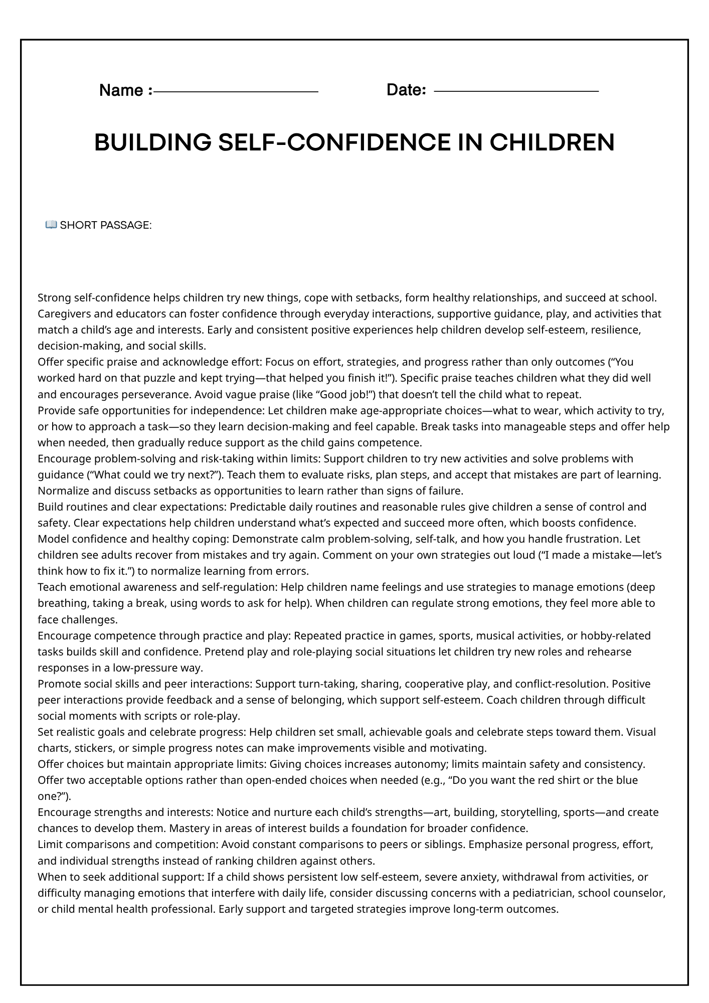 Building Self-Confidence in Children reading Comprehension Passages ...