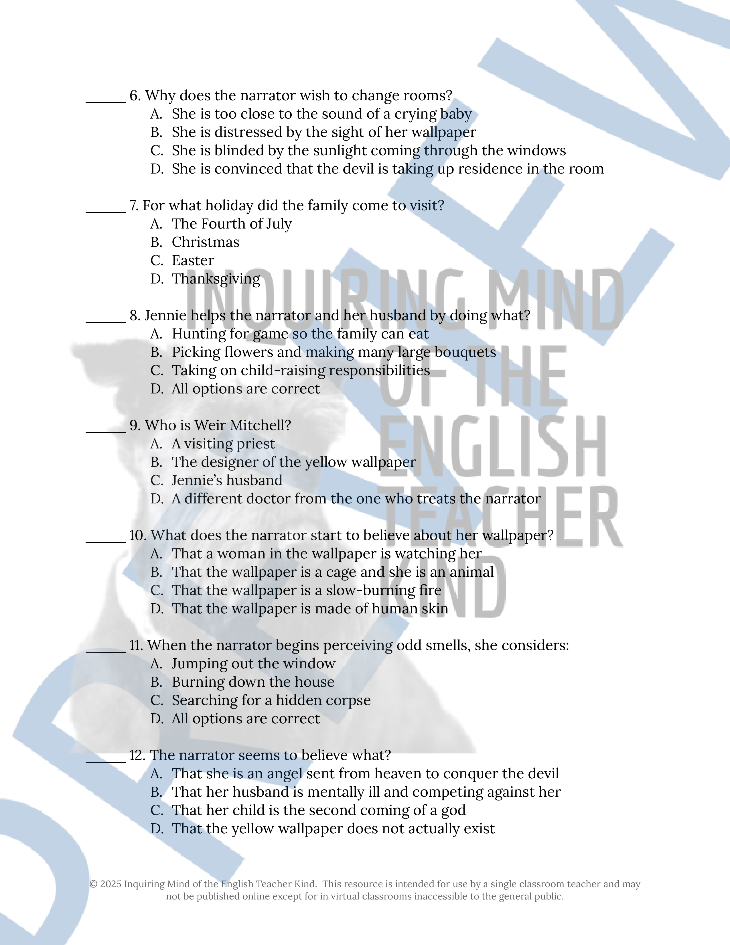 "The Yellow Wallpaper" by Charlotte Perkins Gilman Quiz and Answer Key ...