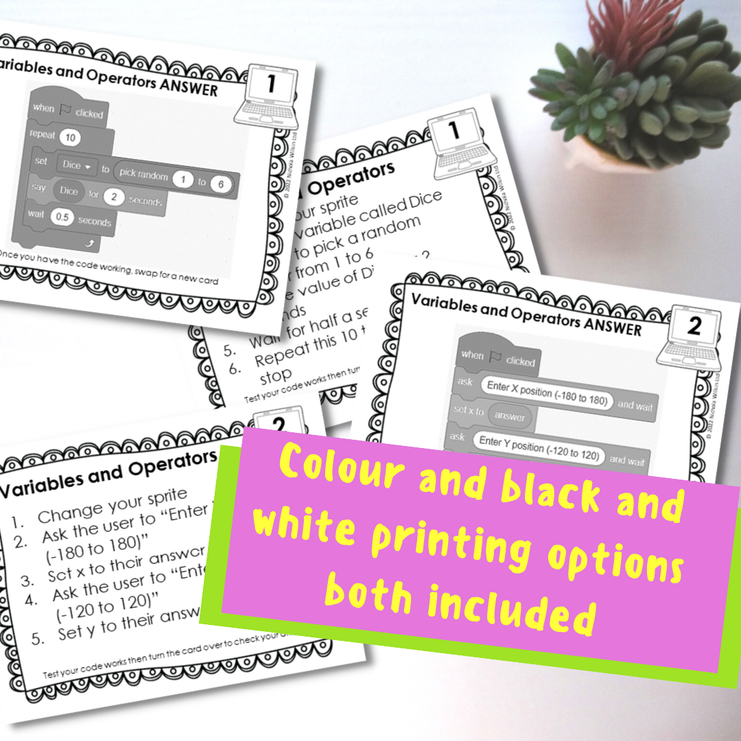 Scratch Variable And Operator Flash Cards Teaching Resources