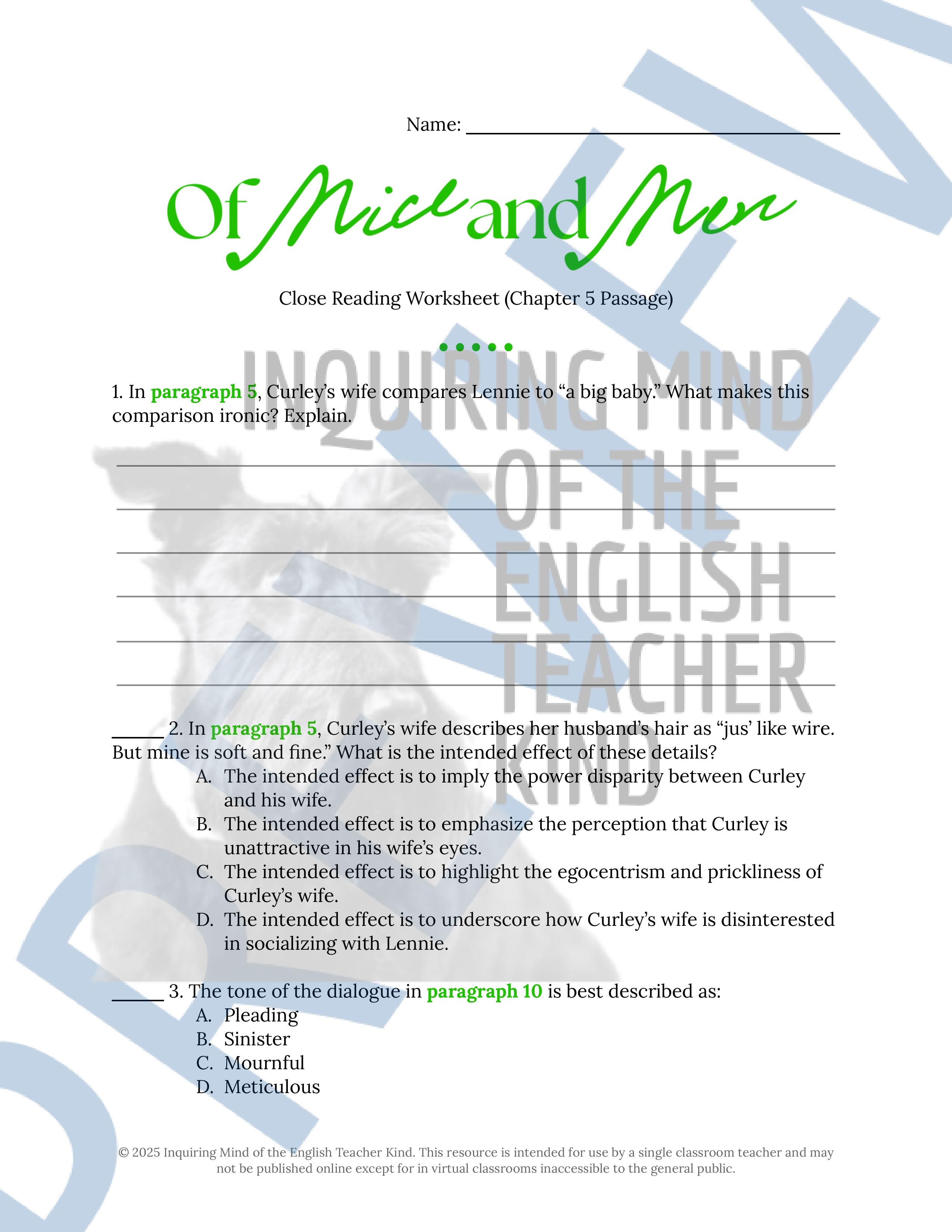 Of Mice and Men Chapter 5 Novel Analysis Worksheet | Close Reading ...
