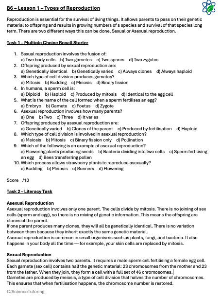 Asexual Reproduction Worksheet High School