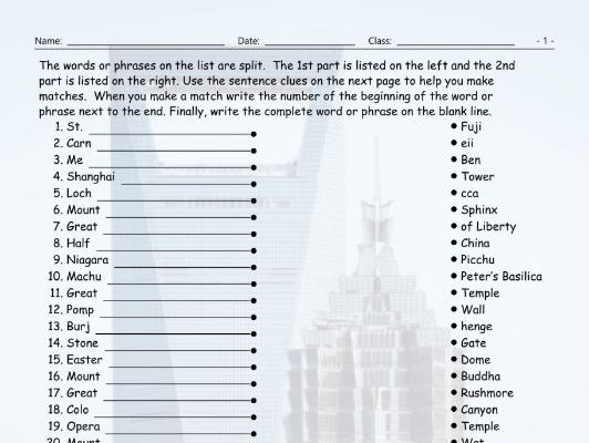 Tourist Attractions Around The World Word Links Worksheet | Teaching ...