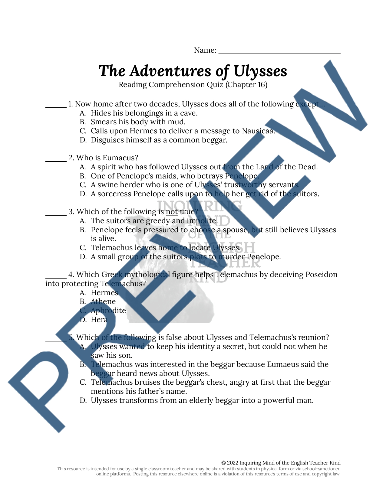 Adventures of Ulysses Chapter 16 Quiz and Answer Key | Teaching Resources