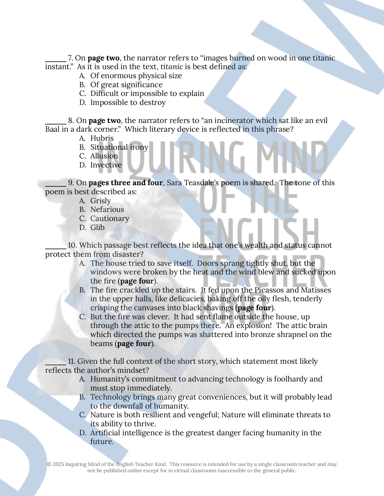 "There Will Come Soft Rains" Close Reading Analysis Worksheet ...