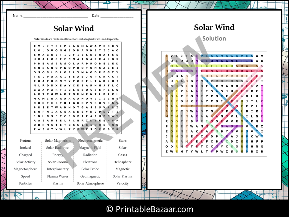Solar Wind Word Search Puzzle Worksheet Activity | Teaching Resources