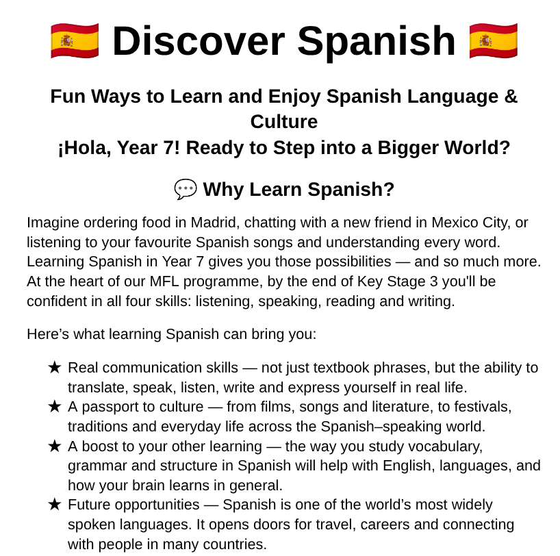 Year 7 Spanish parents evening booklet | Teaching Resources