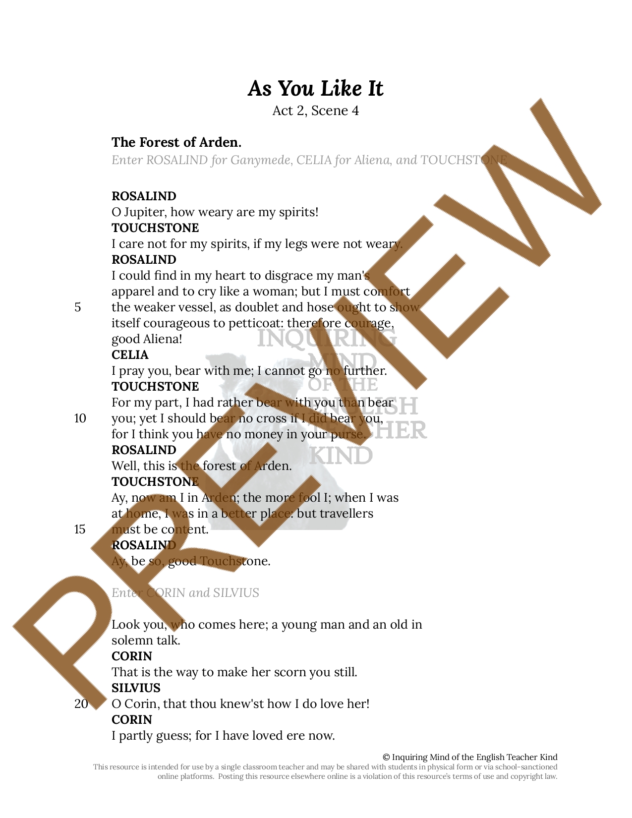 As You Like It Act 2 Scene 4 Close Reading Worksheet | Teaching Resources