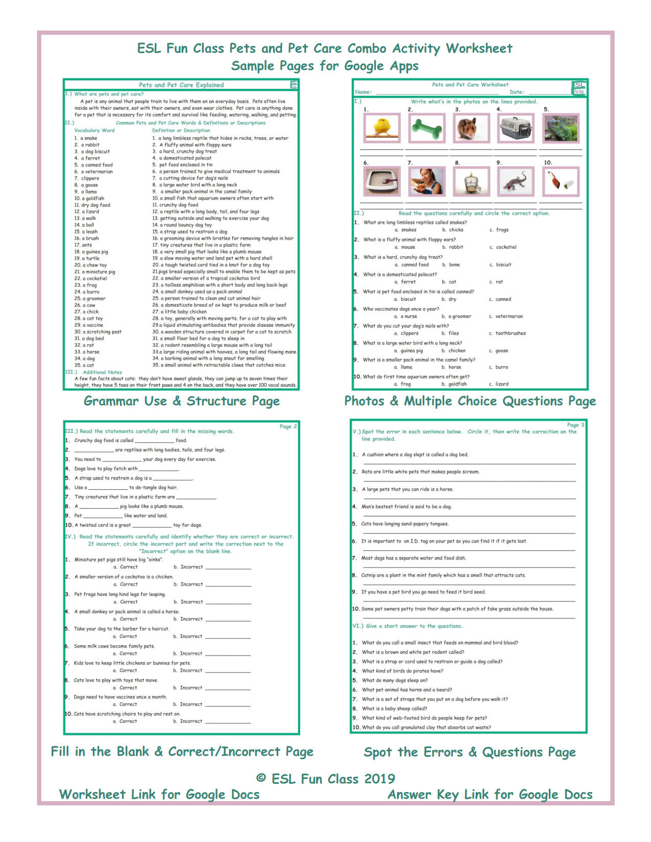 Pets And Pet Care Interactive Worksheets For Google Apps Teaching